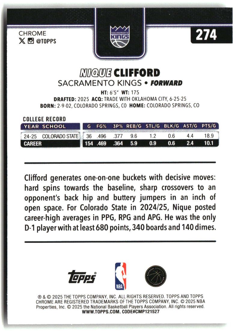 Nique Clifford 2025-26 Topps Chrome #274 – The Sports Shaq
